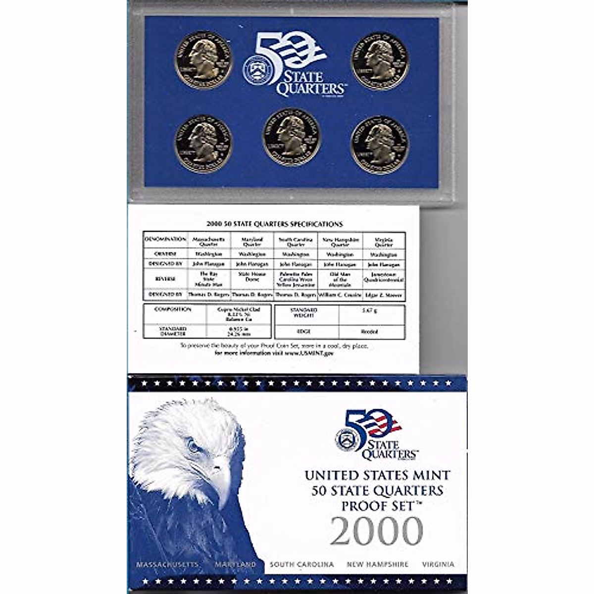 2000 S U.S. Mint Proof State Quarter Set - 5 Coins - OGP Original Government Packaging Superb Gem Uncirculated