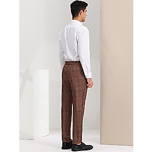 Lars Amadeus Men's Brown Plaid Dress Pants Straight Leg Flat Front Business Formal Checked Trousers 36