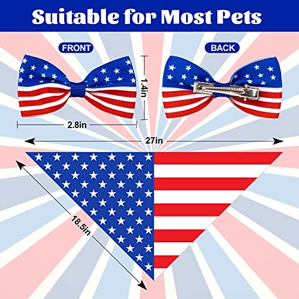 Whaline 4Pcs 4th of July Dog Bandanas & Matching Scrunchie Set American Flag Patriotic Dog Scarf Bow Clip Hair Band Headband for Pet Dog Owner Independence Day Memorial Day Dressing Accessories
