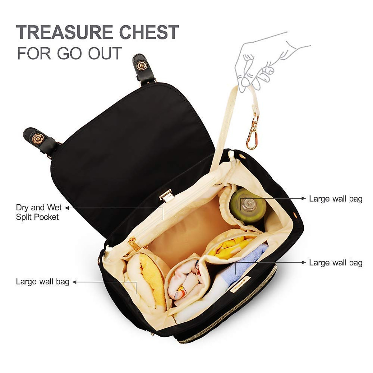 Vogshow Waterproof Diaper Bag, Multifunction Stylish Travel Backpack with 2 Stroller Hooks, Black