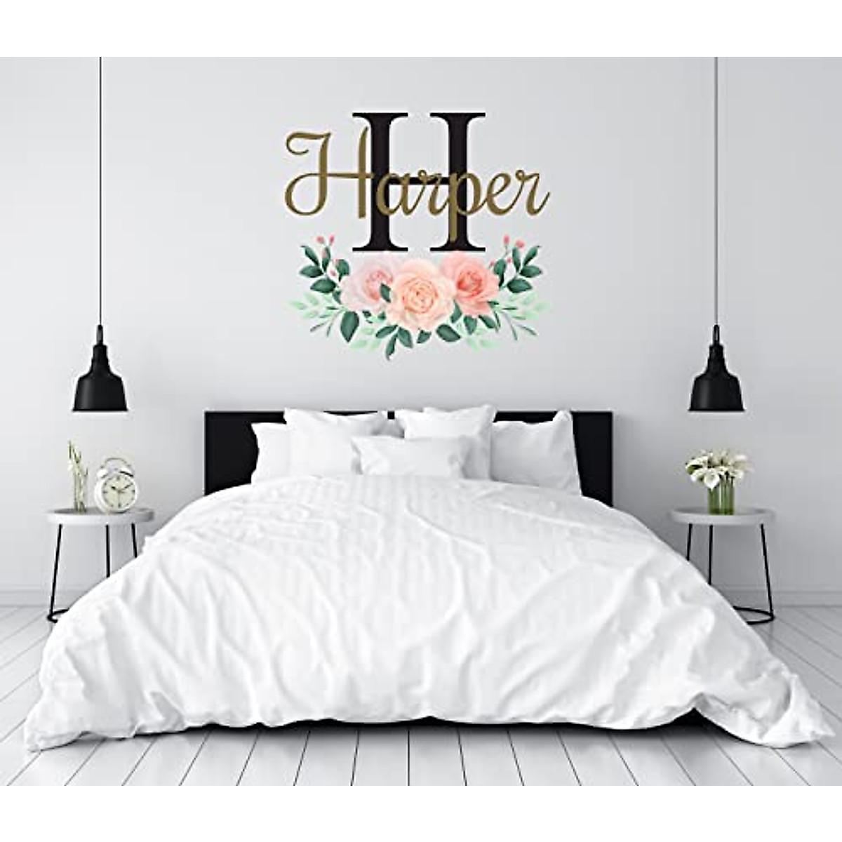 CuteDecals Flowers Custom Name & Initial Wall Decal - Personalized Peonies Art Decor Mural Girls Stickers For Nursery Bedroom Decoration (Mini Wide 15''x13'' Height)