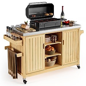 YITAHOME XL Solid Wood Outdoor Table and Storage Cabinet, 59.64’’L x 23.62’’W Movable Grill Table with Stainless Steel Top, Side Handle, Spice Rack for Outside, Patio Bar, Outdoor Kitchen Island