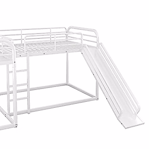 EOVTK L-Shaped Metal Bunk Bed for 4, Full and Twin Size Bunk Quad Bed Frame with Slide, Short Ladder and Safety Guardrail for Kids Teens Adults, White
