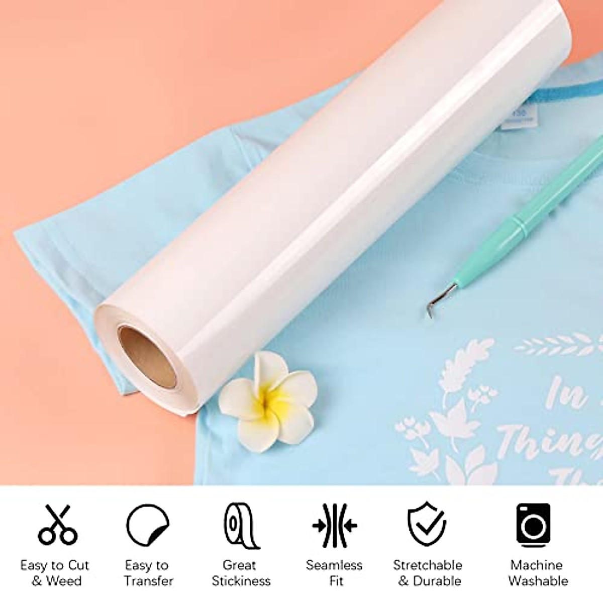HTVRONT White HTV Heat Transfer Vinyl Roll - 12" x 40ft White Iron on Vinyl for Shirts - Easy to Cut & Weed HTV Vinyl for Clothes