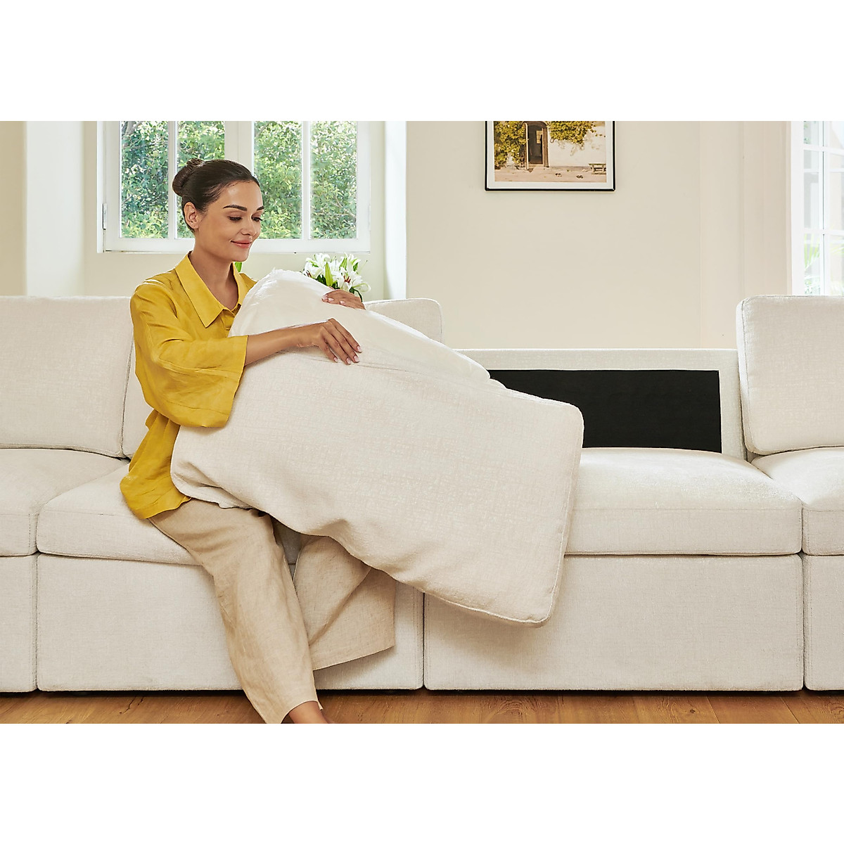 HONBAY Modular Sectional Couch with Storage Seats, L Shaped Sectional Sofa with Storage, Chenille Sectional Couches for Living Room, Beige