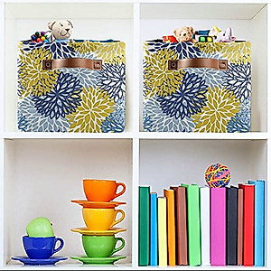 Blue Floral Navy Chrysanthemums Storage Basket Bin Blue Yellow Flower Large Fabric Toys Storage Cube Box with Handles Collapsible Closet Shelf Cloth Organizer Basket Set of 2 for Nursery Bedroom