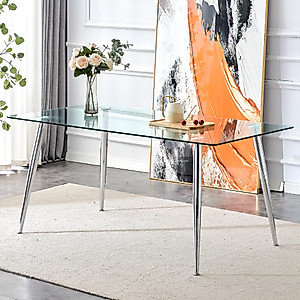 Ginxesh 63‘’ Glass Dining Table Set for 4-6,7 Dining Table Set,Rectangular Tempered Glass Top Kitchen Table and 6 Faux Leather High Back Upholstered Dining Chairs (White, 6 Chairs)