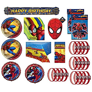 Spiderman Super Hero Birthday Party Supplies Bundle Pack for 16 Includes Dessert Plates, Napkins, Table Cover, Happy Birthday Banner, Paper Masks, Favor Loot Bags, Favor Bracelets, Mylar - 84 Pieces