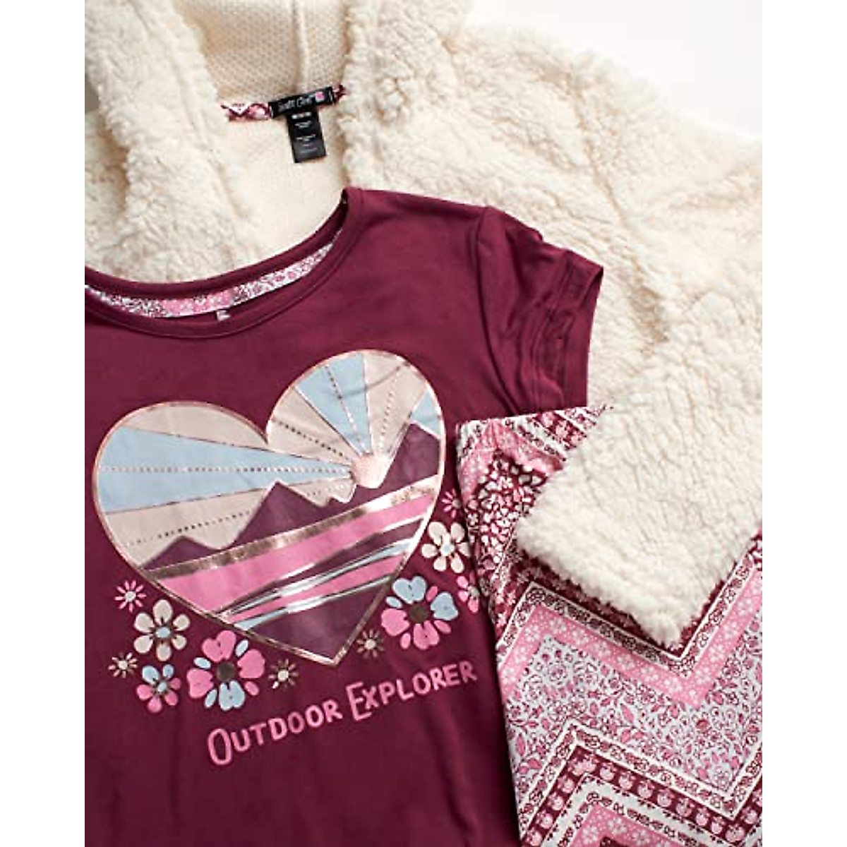 Instagirl Girls' Leggings Set - 3 Piece Sherpa Fleece Cardigan Hoodie Jacket, T-Shirt, and Leggings (Size: 7-12), Size 7/8, Berry Heart