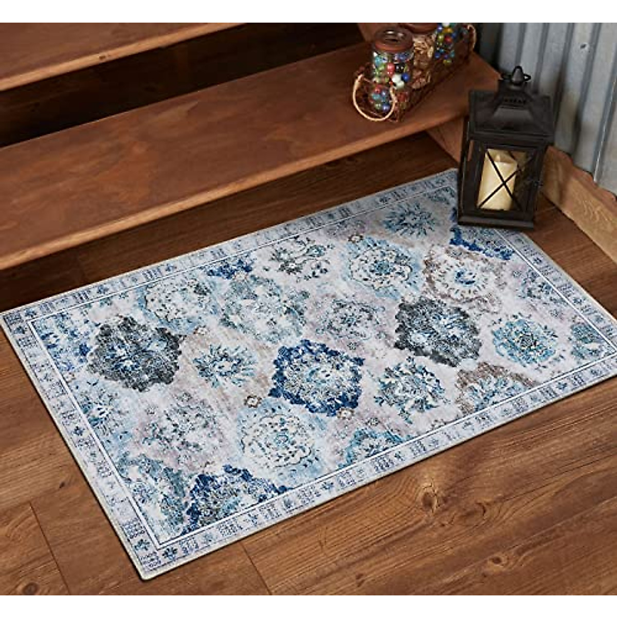 Fashriend FAZ Washable Doormat Boho Chic Medallion Trellis Distressed Non-Slip Foldable Washable Area Rug 2'×3' Stairway Entryway Silver Purple Multi