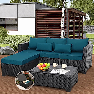 Rattaner 3 Pieces Patio Furniture Set Outdoor Sectional Wicker Patio Furniture Patio Couch with Ottoman and Outdoor Storage Table All-Weather Anti-Slip Cushions Waterproof Covers, Peacock Blue
