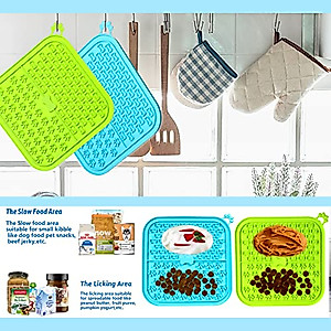 Lick Mat for Dogs 2 Pack Non-Slip Slow Feeders Licking Mat with Suction Cups for Anxiety Relief Include One Spatula for Scooping Out Dog Treat&Cat Food (Blue&Green)