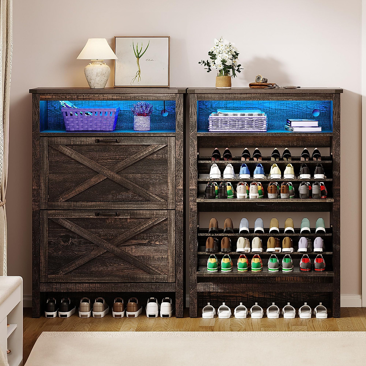 YITAHOME Shoe Cabinet with 2 Flip Drawers, Entryway Shoe Storage Cabinet with Open Shelves and Led Light, Free Standing Hidden Shoe Rack Organizer for Entryway/Hallway/Closet, Dark Rustic Oak