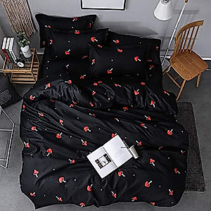 Mushroom Duvet Cover King Kid Cartoon Kawaii Bedding Set Girls Cute Wild Species Comforter Cover Set Botanical Bedding Reversible Lovely Natural Plant Quilt Cover for Mushrooms Room Decor, Black Red