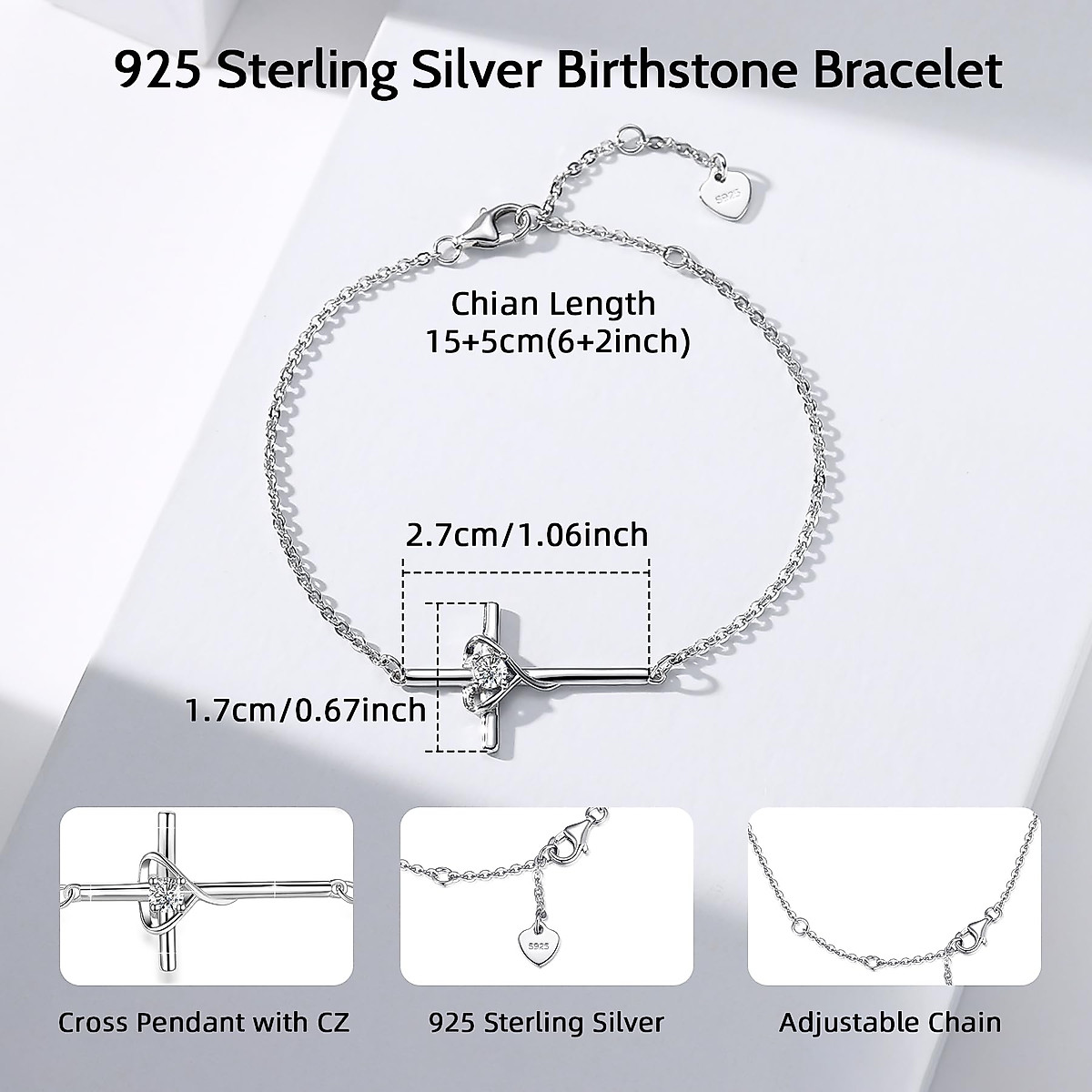 YZSFMZGE Cross Bracelet 925 Sterling Silver Bracelets for Women Adjustable Bracelet