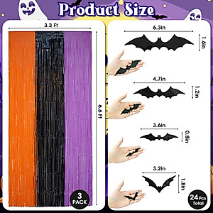 Halloween Party Decorations, 3 Pack 3.3 x 6.6 Ft Orange Purple Black Foil Fringe Curtains with 24 Bat, Halloween Backdrop Photo Booth Props Streamer for Halloween Party Supplies Birthday Decorations