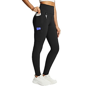 BALEAF Women's Fleece Lined Leggings Waterproof Winter Hiking Pants Thermal Running Tights Zipper Pockets High Waisted Cold Weather Black Medium