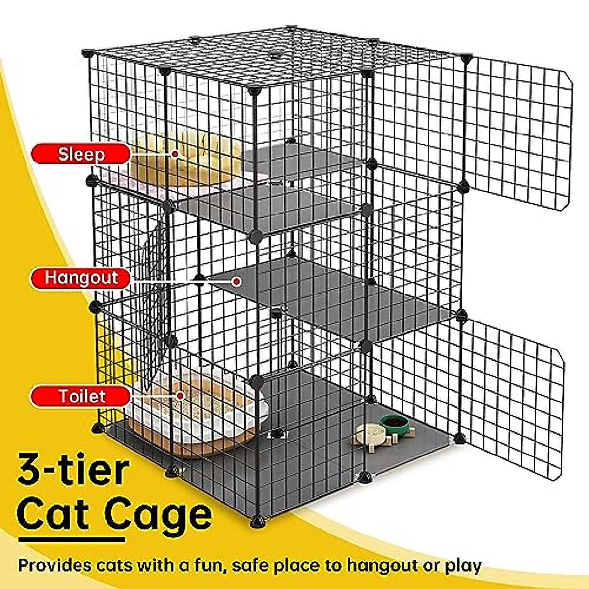 Eiiel 3-Tier Cat Cage Enclosures Indoor DIY Cat Playpen Detachable Metal Wire Kennels 2Lx2Wx3H Crate Large Exercise Place Ideal for 1-2 Cats, Black