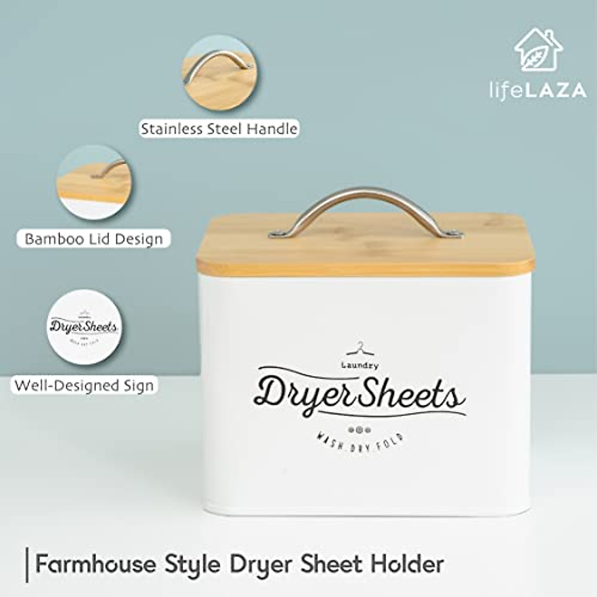 LifeLAZA Metal Dryer Sheet Holder with Bamboo Lid, Dryer Sheet Dispenser for Fabric Softener Sheets, Farmhouse Container Storage Box for Laundry Room Decor