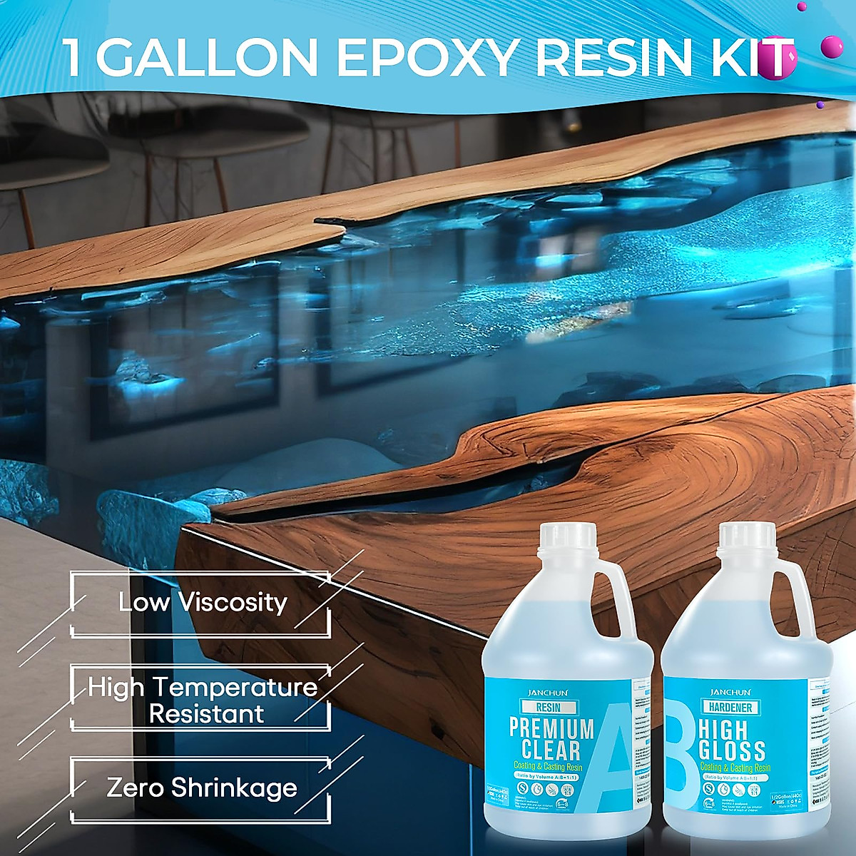 JANCHUN 1 Gallon Epoxy Resin Kit, Crystal Clear Table Top Epoxy Resin, Self-Leveling, No Bubbles, Coating and Casting Resin Kit with Resin Mixer for Art Craft DIY Wood, Jewelry Making, Molds