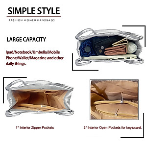 Silver Tote Bag for Women Metallic Purse Large Shoulder Handbags for Ladies Soft Leather Hobo Bucket Bags