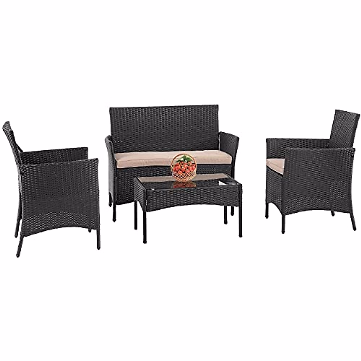 FDW Patio Furniture 4 Pieces Outdoor Indoor Use Rattan Chairs Wicker Patio Loveseats Conversation Sets with Table and Beige Cushions for Backyard Lawn Porch Garden Balcony,Black