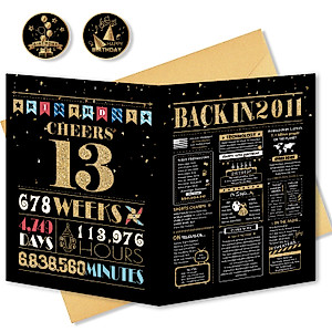 BGTCARDS 13th Birthday Card, 13th Birthday Decorations for Girls, 13th Birthday Gifts for Daughter, Back in 2011 Birthday Card, Black Gold