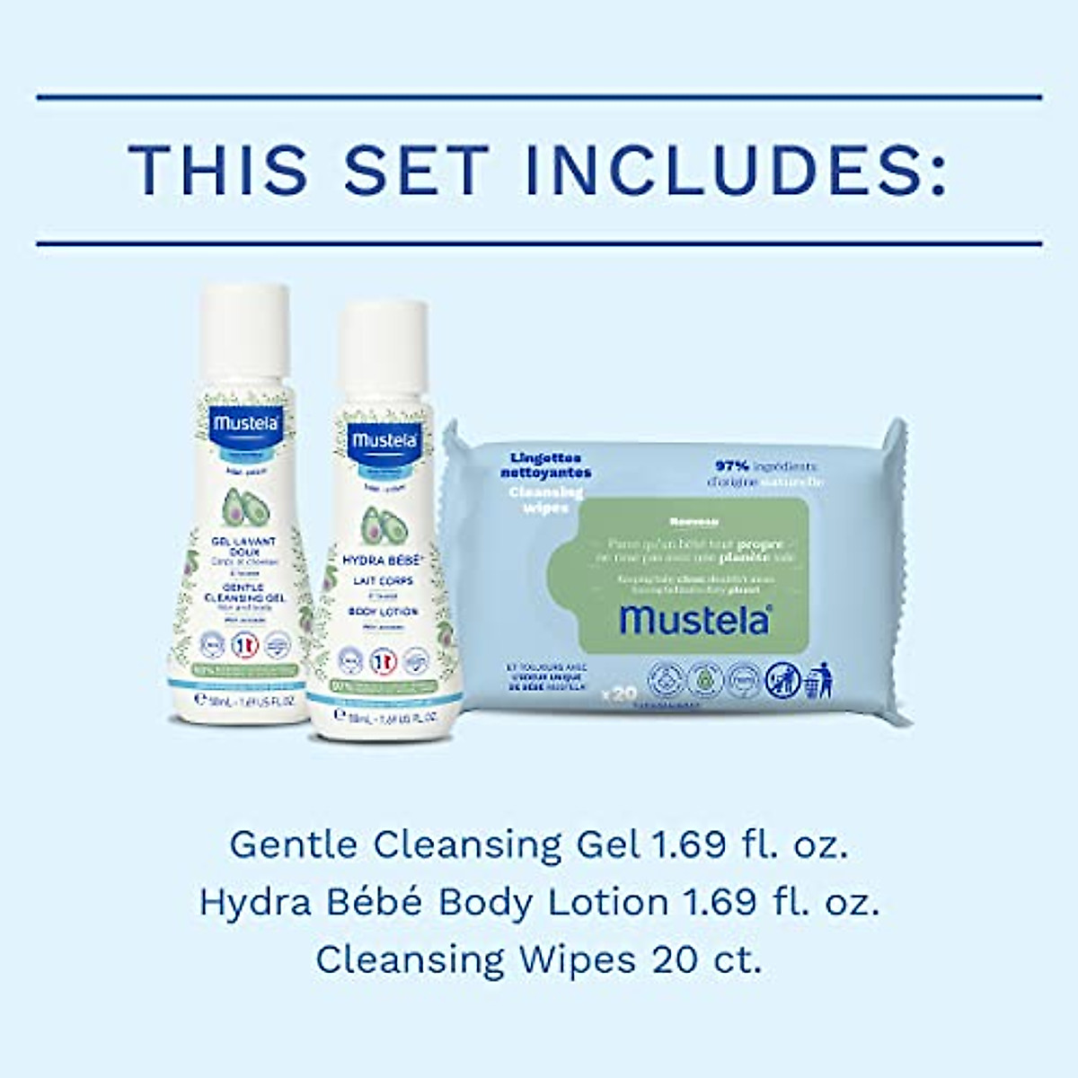 Mustela Bebe On-The-Go Travel Set - Baby Skin Care & Bath Time Gift Set - Natural & Plant-Based - 3 Items Set - Packaging may vary