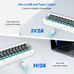 Dlyfull 12 Bay AA AAA Battery Charger, USB and Type-C Selectable High-Speeding Charging for Ni-MH Ni-CD Rechargeable Batteries, USB Cable Included