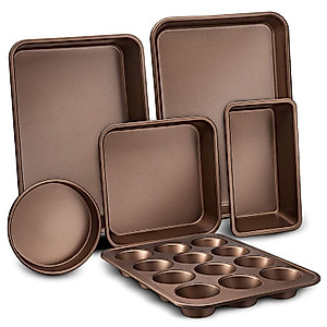 NutriChef Kitchen Oven Non Stick Carbon Steel Tray Sheet 6 Piece Bakeware Set with Cookie Tray, Cake Pan, Muffin Pan, and Bread Loaf Pan Gold (2 Pack)
