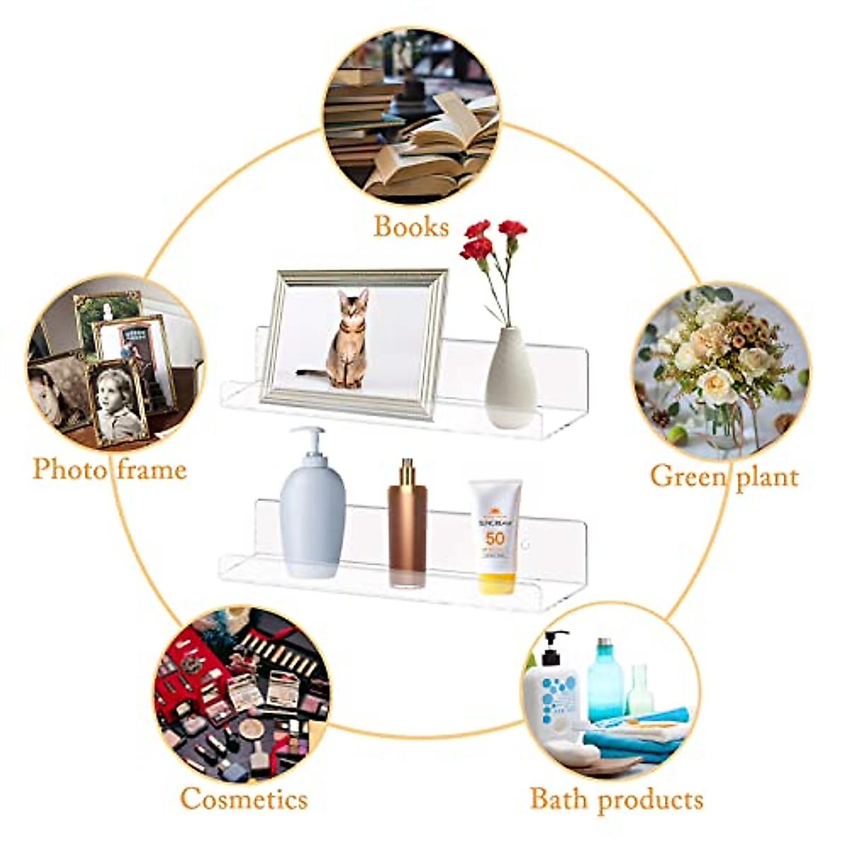 QPEY Clear Acrylic Shelves,15" Invisible Floating Bookshelf Wall Mounted Wall Shelves for Picture Display,Record Storage,Book,Magazine,Files Organizer-Acrylic Shelves 2 Packs