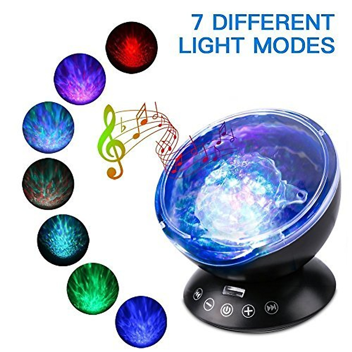 Ocean Wave Night Light Projector, Baby Lullaby Night Light with 7 Relax Light Show Projection, Music Player, Auto-Off Timer for Nap-time for Baby Nursery, Adults and Kids Bedroom, Living Room (Black)