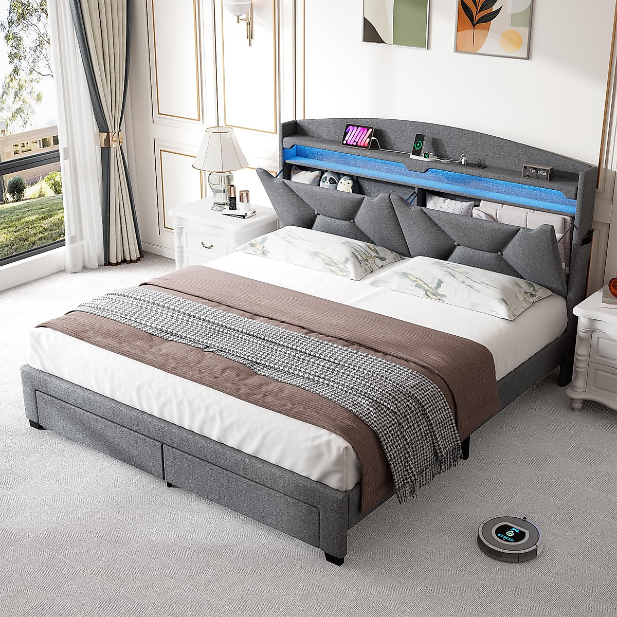 PDCOAK Full Bed Frame with Storage Headboard, Upholstered LED Bed Frame with 2 Storage Drawers Charging Station,Wood Slats Support, No Box Spring Needed, Noise Free, Grey