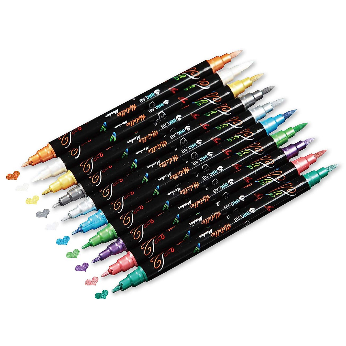 INK LAB Metallic Marker Pens Dual Tip 10 Colors Metallic Pens for Card Making Rock Painting Album Scrapbook Metal Wood Ceramic Glass, Medium & Brush Tip