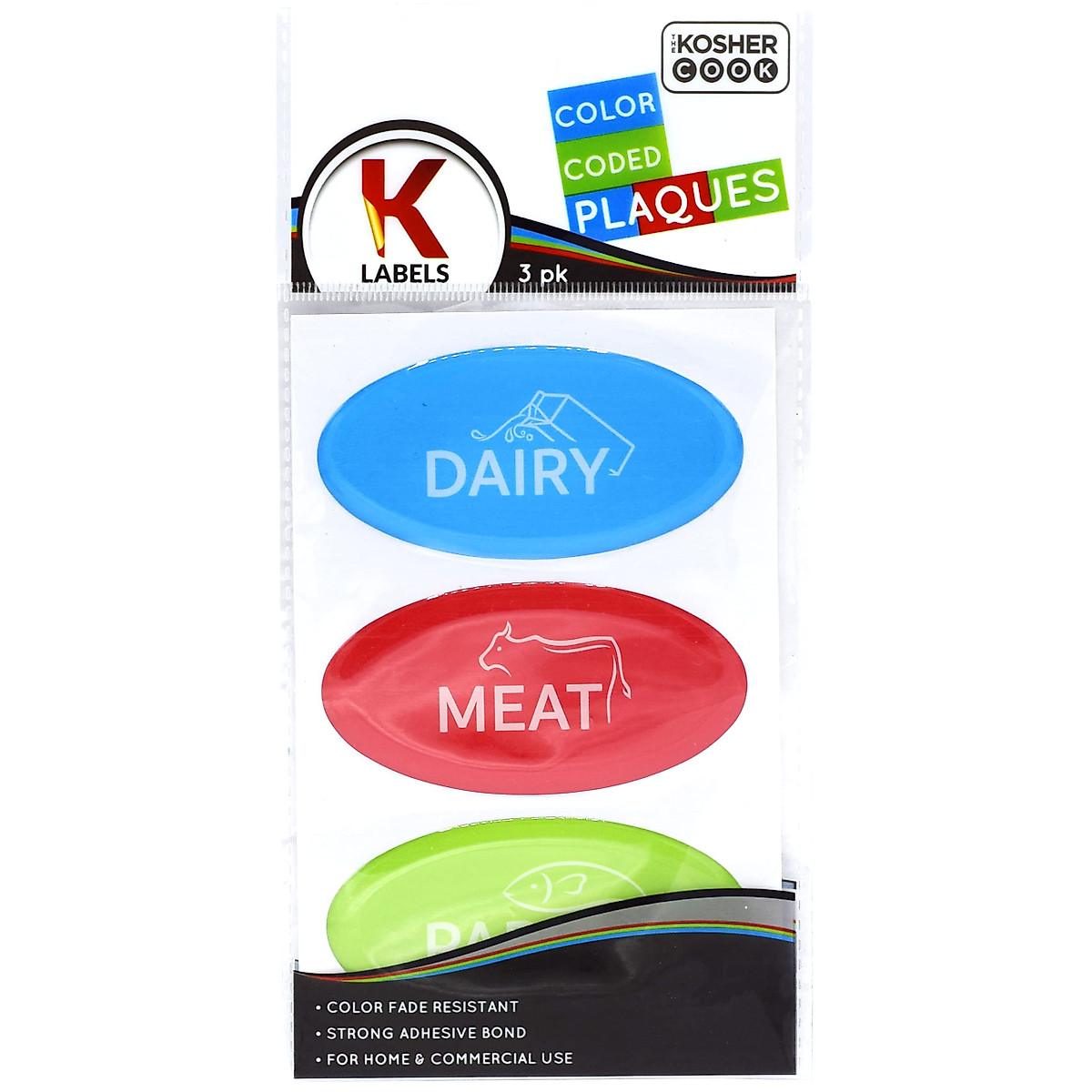 3 Kosher Plaques and Labels – 1 Blue Dairy, 1 Red Meat, 1 Green Parve - Self Adhesive, Color Fade Resistant – Color Coded Kitchen Stickers by The Kosher Cook