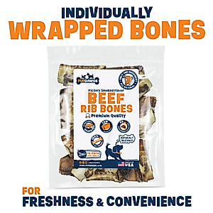 PUPDAWGS Single Ingredient Dog Bones - Made in USA - Small Beef Rib Bones - Natural Dog Bones for Aggressive Chewers - from USDA Inspected Beef - Hickory Smoked - Wrapped in Sets of 5 (15 Piece Pack)