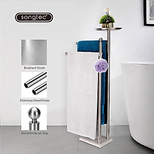 Songtec Towel Rack Stand for Bathroom, 2-Tier Towel Holder Stand for Bath Towels Max to 68” & 60” Long, Practical Shelf on Top for Phone, Shampoo, Body Wash