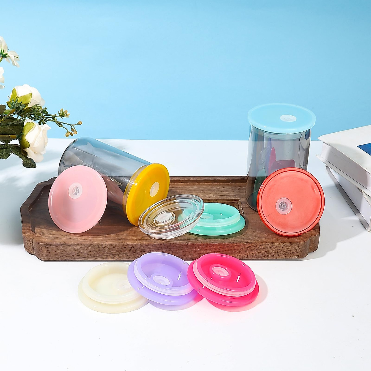 Colorful Acrylic Lids for 16 oz Glass Cups, Spill Proof and Reusable Tumbler Replacement Lids, Suitable for Beer Cans, Water Cups and Glasses(10 Pcs)