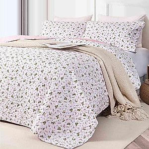 Nanko Quilt Set Queen Full Size 3 Pcs, White and Pink Floral Green Flower Pattern Bedspreads, Soft Lightweight Coverlet Bed Spreads, Farmhouse Thin Quilted Comforter Bedding Sets for Women Girls 90x90
