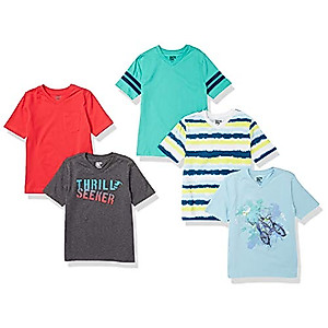 Amazon Essentials Boys' Short-Sleeve V-Neck T-Shirt Tops (Previously Spotted Zebra), Pack of 5, Green/Charcoal/Blue, BMX Print, Medium