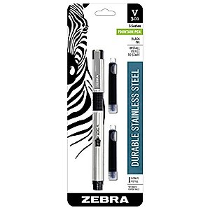Zebra Pen V-301 Fountain Pen, Stainless Steel Barrel, Fine Point, 0.7mm, Black Ink, 1-Pack with Refill