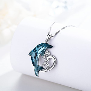 TwoAnts Dolphin Necklace Sterling Silver Dolphin Pendant Necklace with Blue Crystal Dolphin Beach Themes Ocean Wave Jewelry Dolphin Gifts for Women Girlfriend Birthday