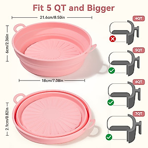Homotte 2 Pack Air Fryer Silicone Liners Pot for 5 to 8 QT, Reusable AirFryer Silicone Basket Bowl, Replacement of Flammable Parchment Paper, Food Grade Baking Tray Oven Accessories, Pink+Grey (8.5in)