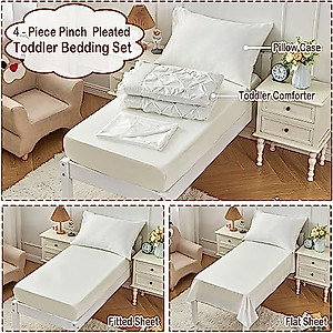 Toddler Bedding Set for Girls 4 Piece white Pinch Pleated Ruffle Fringe Pintuck Toddler Bed Comforter Sheet Set for Kids Bed-in-a-Bag Quilt Crib Set with Comforter,Flat Sheet,Fitted Sheet,Pillowcase