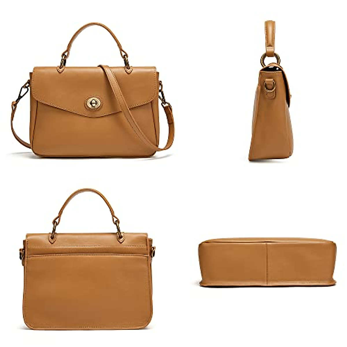 Leather Top Handle Handbags For Women Vintage Medium Shoulder Messenger Bag With Lock Flap (2-Brown)