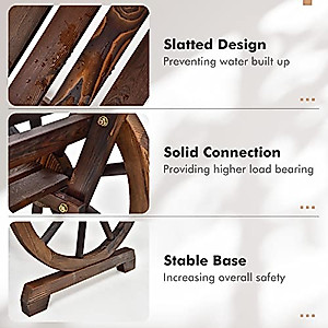 HAPPYGRILL Patio Garden Bench 2-Person Seat Rustic Wooden Wheel Bench with High Back & Wide Seat, Suitable for Patio Porch Garden