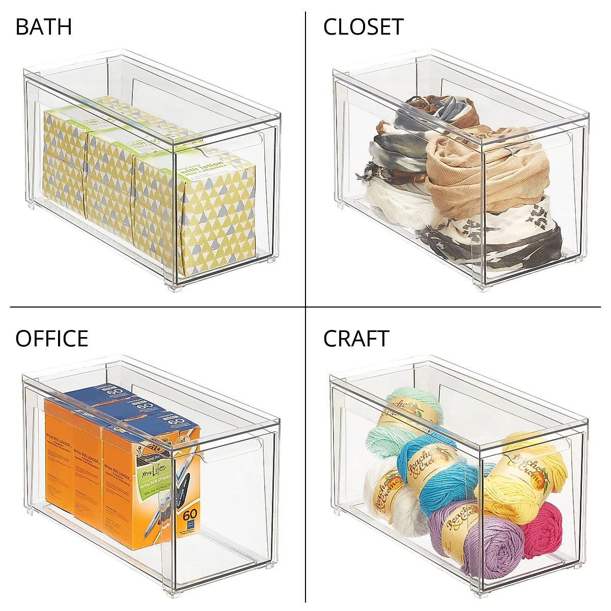 mDesign Plastic Stackable Bathroom Storage with Pull Out Bin Organizer Drawer for Cabinet, Vanity, Shelf, Cupboard, Cabinet, or Closet Organization - Lumiere Collection - 2 Pack - Clear