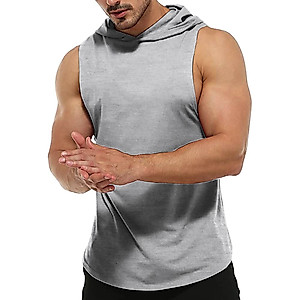 Men's Workout Bodybuilding Hoodies Tshirt Athletic Training Tank Tops Cotton Gym Hooded Top Cut Off Sleeveless Muscle T-Shirt Gray M