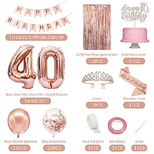 40th Birthday Decorations Women, Happy 40th Birthday Banner, Crown, Sash, Cake Topper And Number Balloon, Rose Gold 40 Birthday Party Decorations For Women