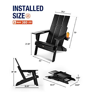 POWERWOOD Modern Adirondack Chairs Set of 4, Oversized HDPE Folding Adirondack Chairs with Cup Holder, Plastic Outdoor Chair, Fire Pit Chairs (Black)